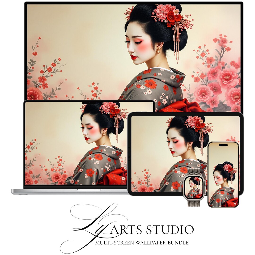 Elegant Geisha Floral Multi-screen Wallpaper Bundle, Desktop, TV, Phone ...