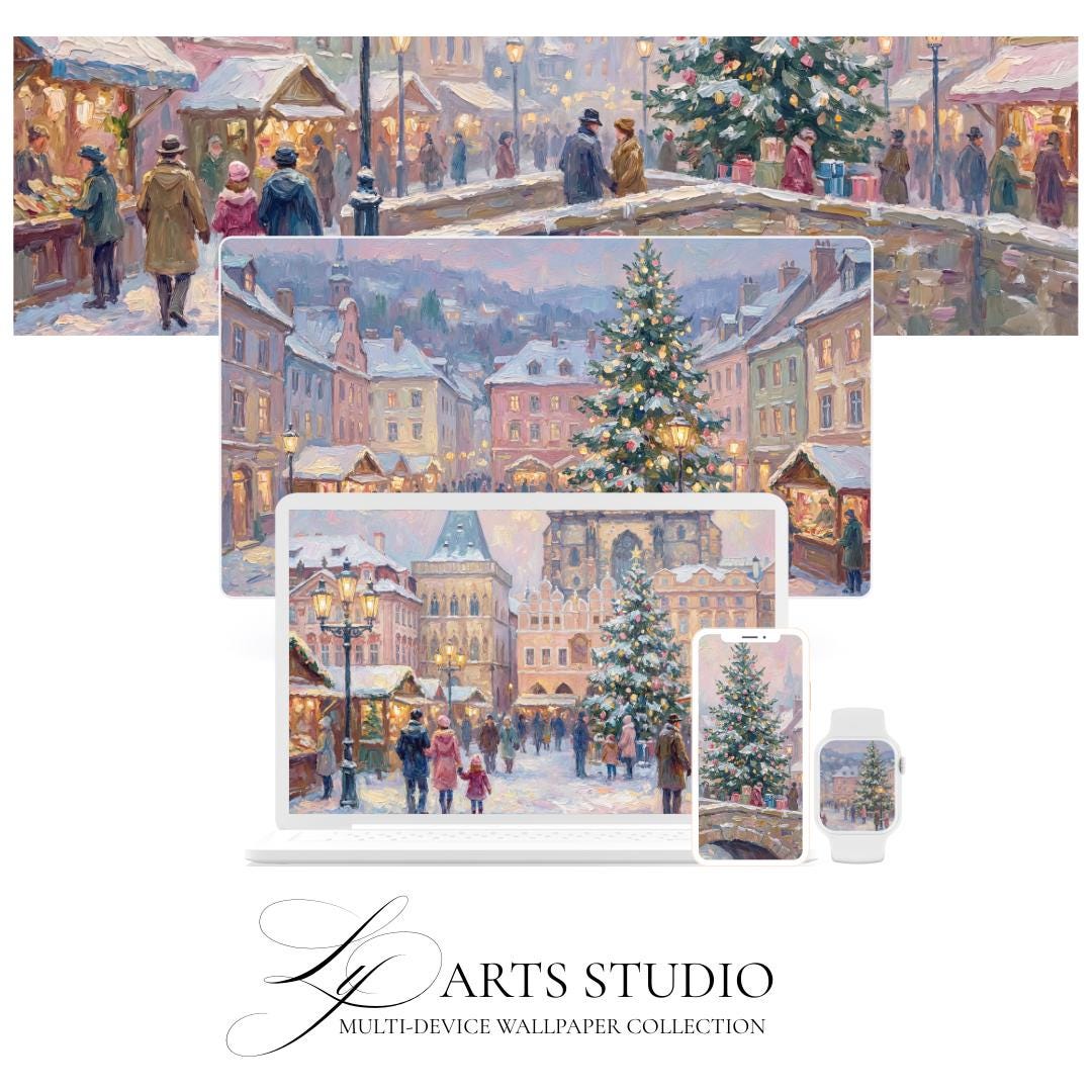 European Christmas Market Wallpaper Bundle | 3 Vintage Oil Painting ...