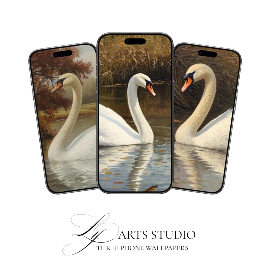 Swan Phone Wallpaper, Autumn Landscape, Vintage Painting Style (digital ...
