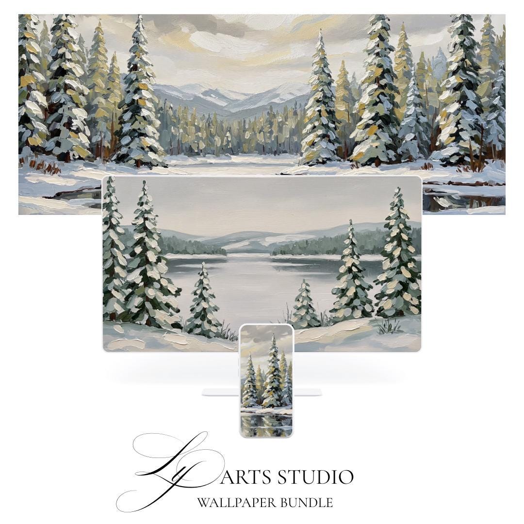 Snowy Forest Landscape Wallpaper Bundle | Digital Oil Painting Style ...