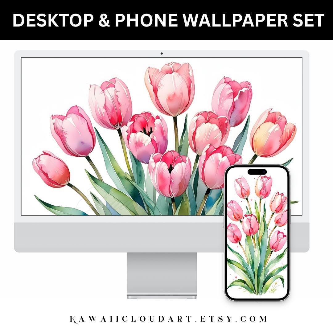 Tulips Wallpaper Set Watercolor Pink Tulips Digital Download 16x9 ...