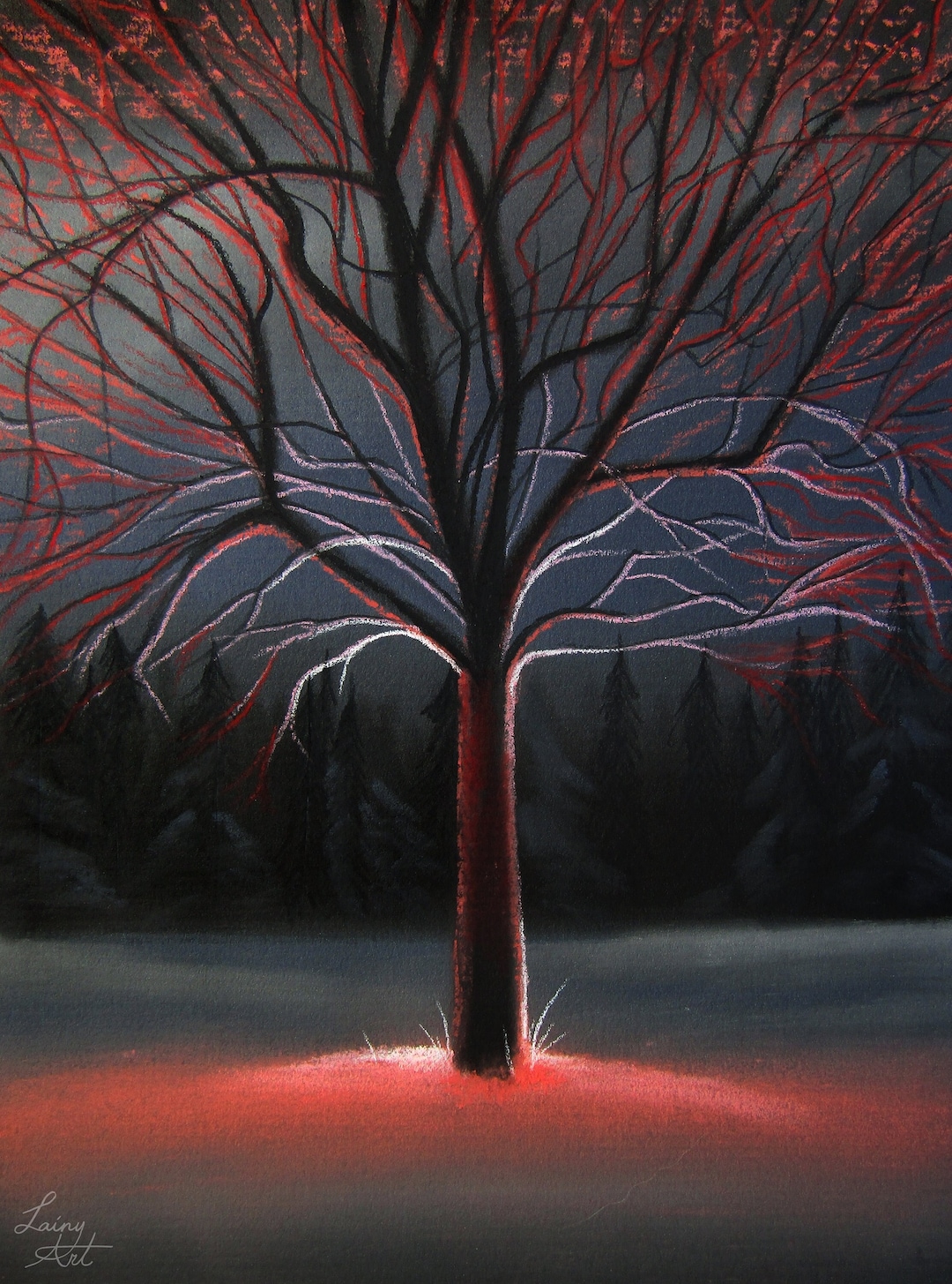 Glowing Tree - Original Art - Pastel Painting Drawing - Tree in Winter ...