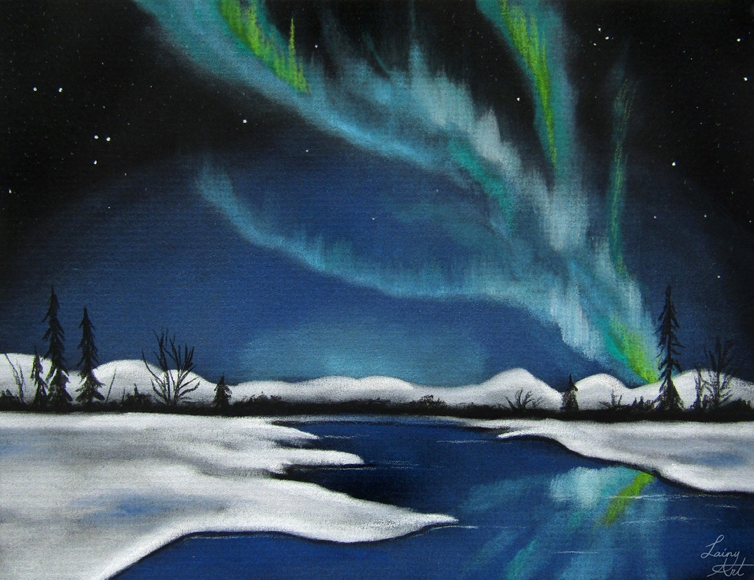 Winter Aurora Borealis - Original Art - Pastel Painting - Charcoal ...