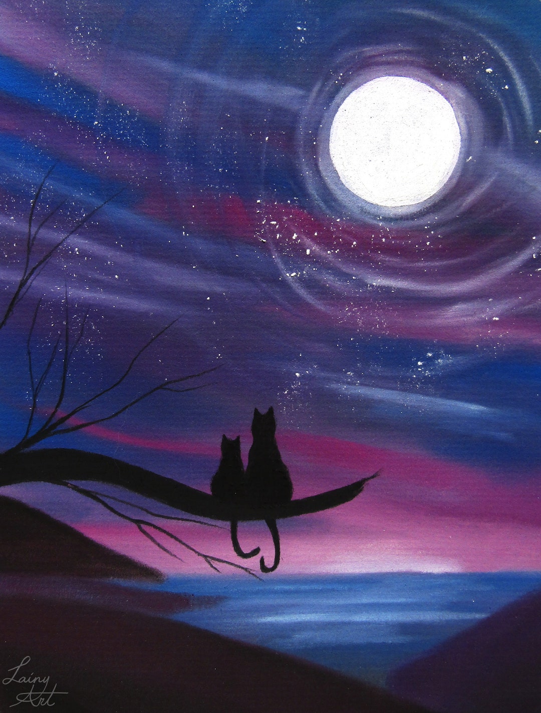 Space Cats Original Art Charcoal Drawing Night Sky, Full Moon Skyscape ...