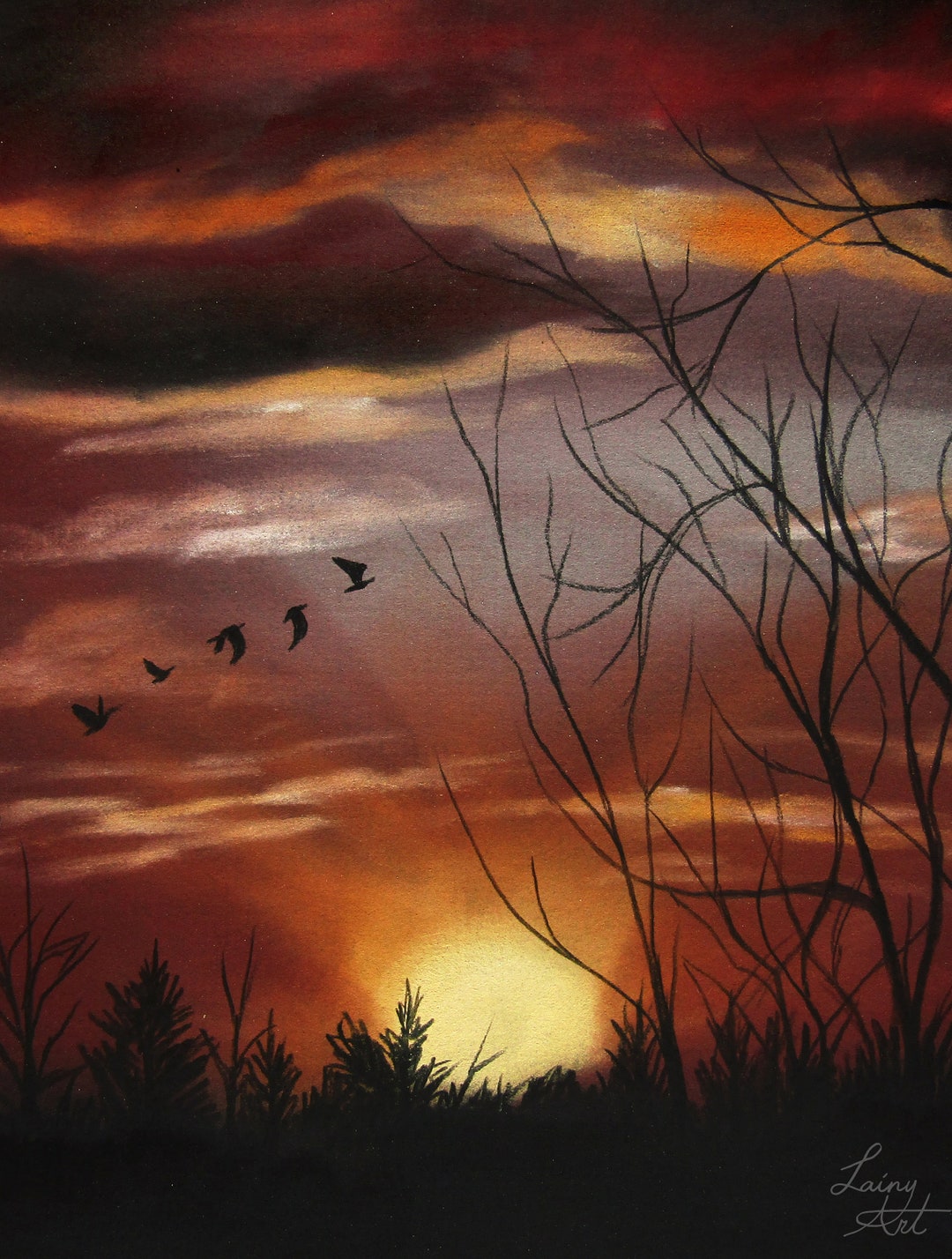 Sunray Sunset - Original Art - Charcoal Drawing, Pastel Painting ...