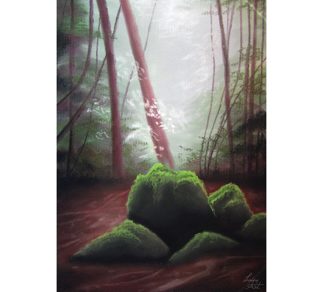 Mossy Forest - Original Art - Charcoal Drawing, Pastel Painting - Green ...