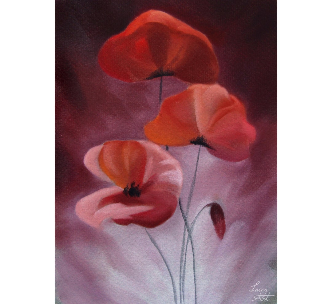 Pastel Poppies - Original Art - Pastel and Charcoal Drawing - Poppy ...