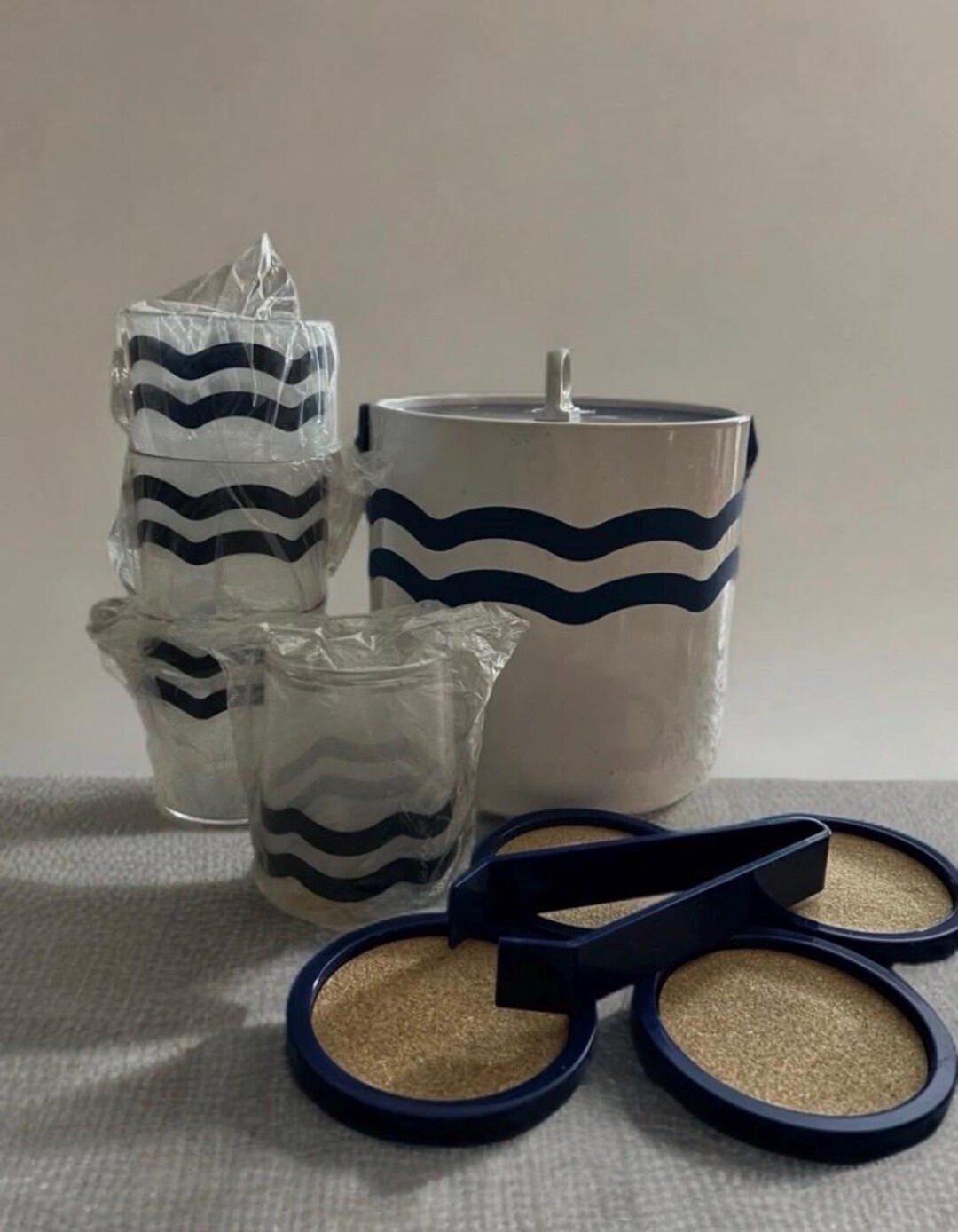 Vintage Blue & White Wavy Stripe Ice Bucket Set 4 Glasses Taiwan Retro ...
