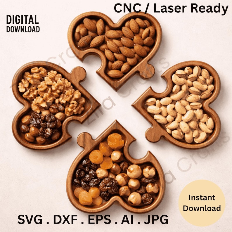 Heart Puzzle Snack Tray CNC Template Wooden Serving Board SVG DXF Laser ...