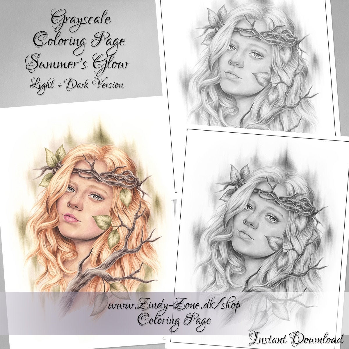 Grayscale Coloring Page Summer Glow Girl Woman Leaf Branch Nature Zindy ...