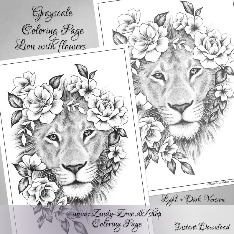 Grayscale Coloring Page Lion With Flowers Leaves Animal Spiritual Zindy ...