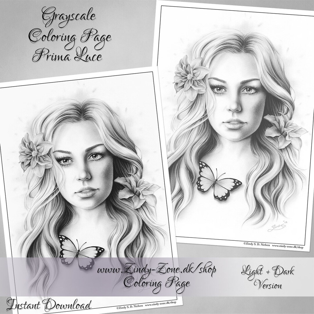 Grayscale Coloring Page Prima Luce Summer Girl Butterfly Flower Fantasy ...