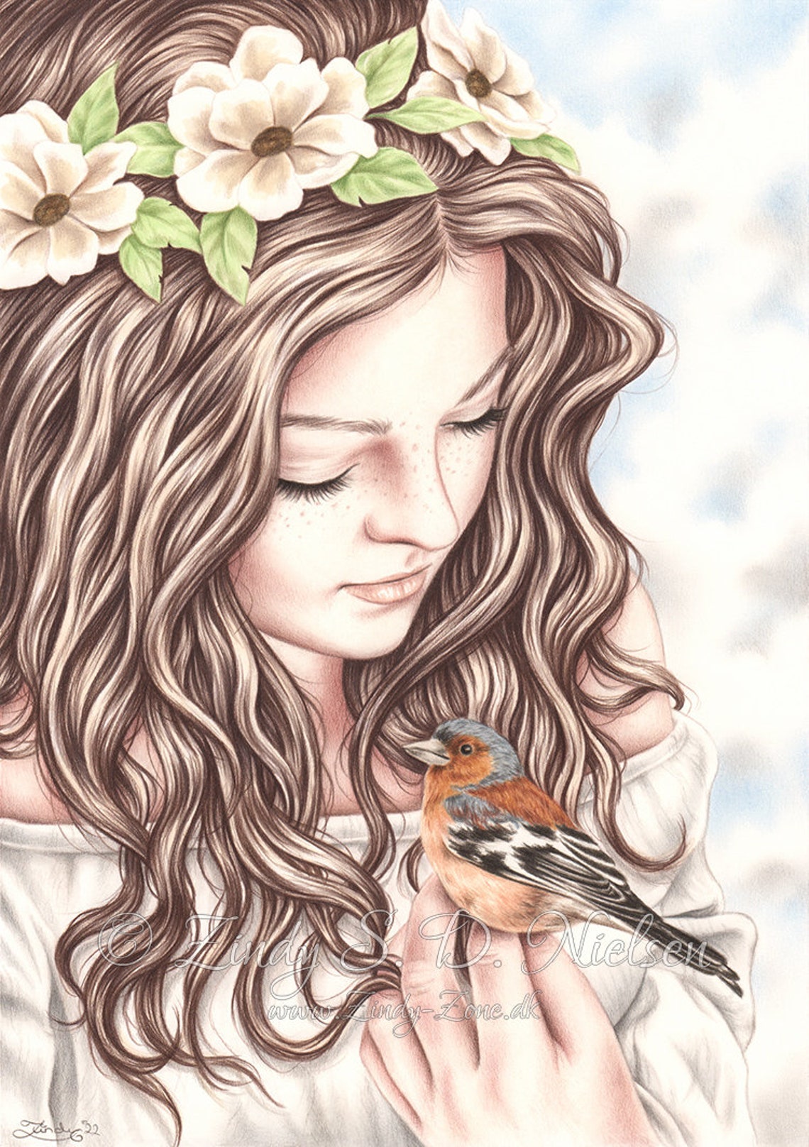 Grayscale Coloring Page Girl With Bird Woman Daisy Flower - Etsy