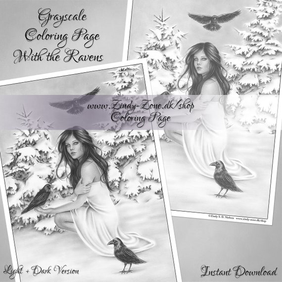 Grayscale Coloring Page With Ravens Girl Raven Crow Snow - Etsy