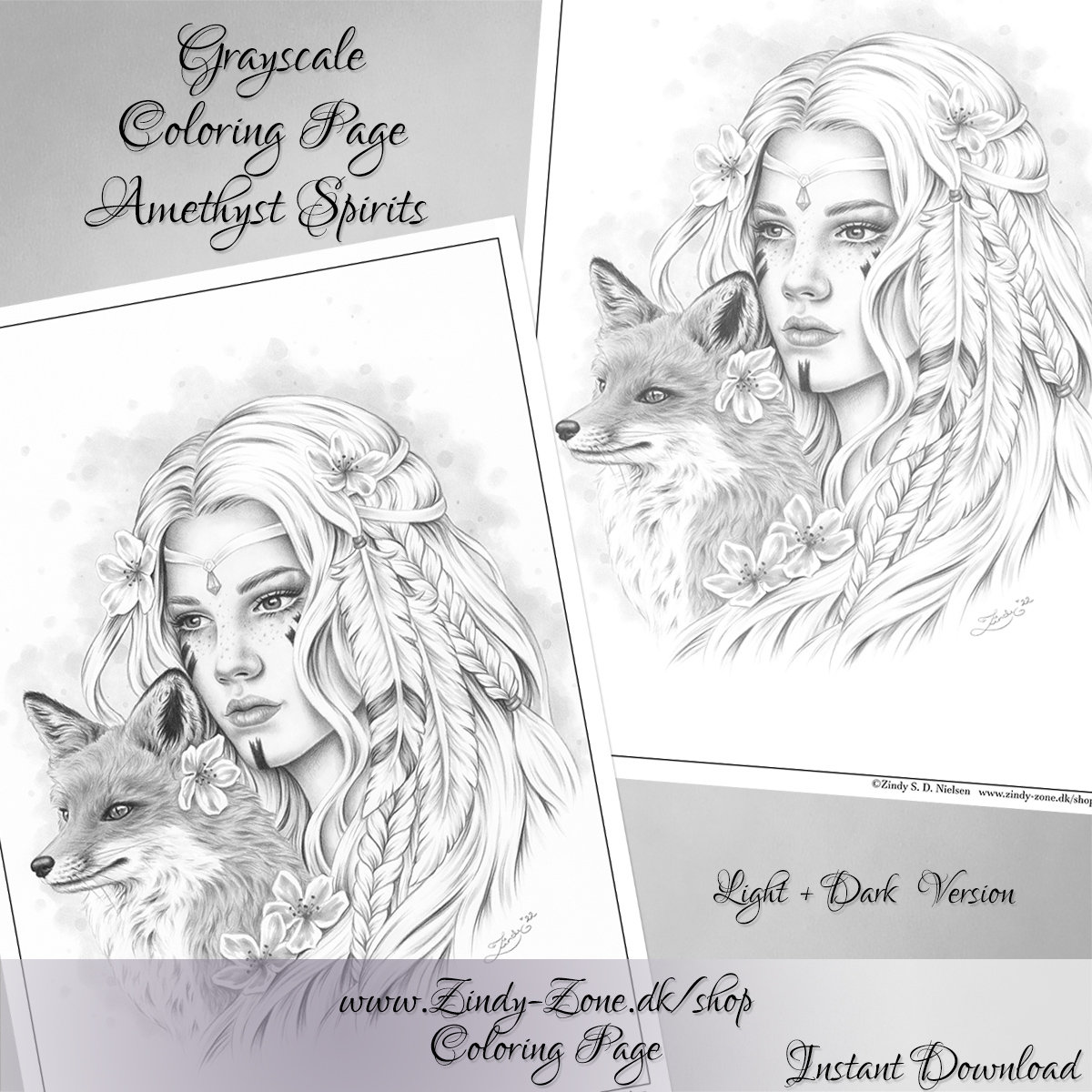 Grayscale Coloring Page Amethyst Fox Girl Woman Feather Animal - Etsy