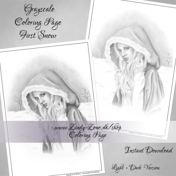 Grayscale Coloring Page Winter First Snow Woman Fantasy Magic | Etsy