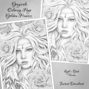 Grayscale Coloring Page Golden Princess Rose Pearls Feather Fantasy ...