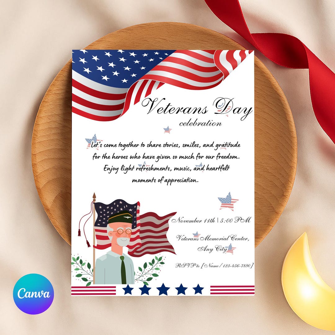 Veterans Day Invitation, Editable Canva Template, Patriotic Celebration ...