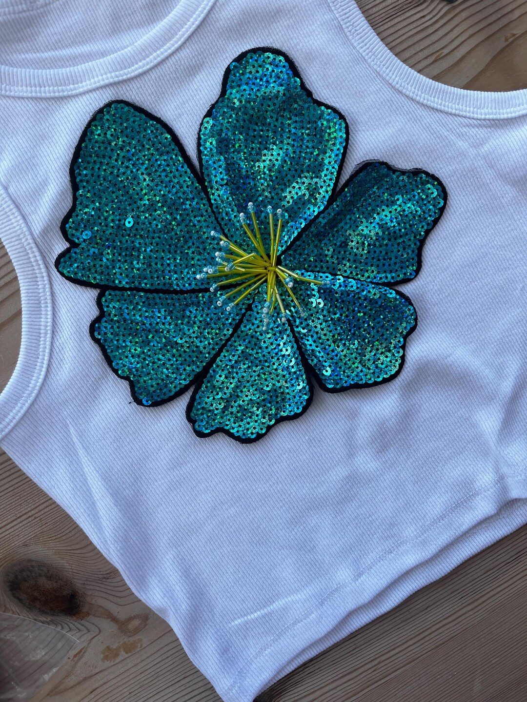 Cropped Vest Tops – Blue Sequin 3D Flower | Handmade Statement Tops by ...