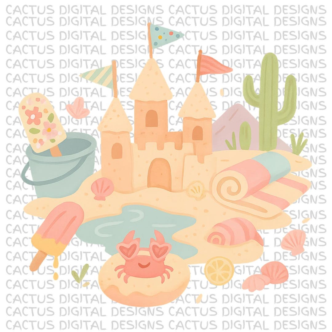 Cute Sandcastle Beach Art PNG, Pastel Summer Beach Illustration ...