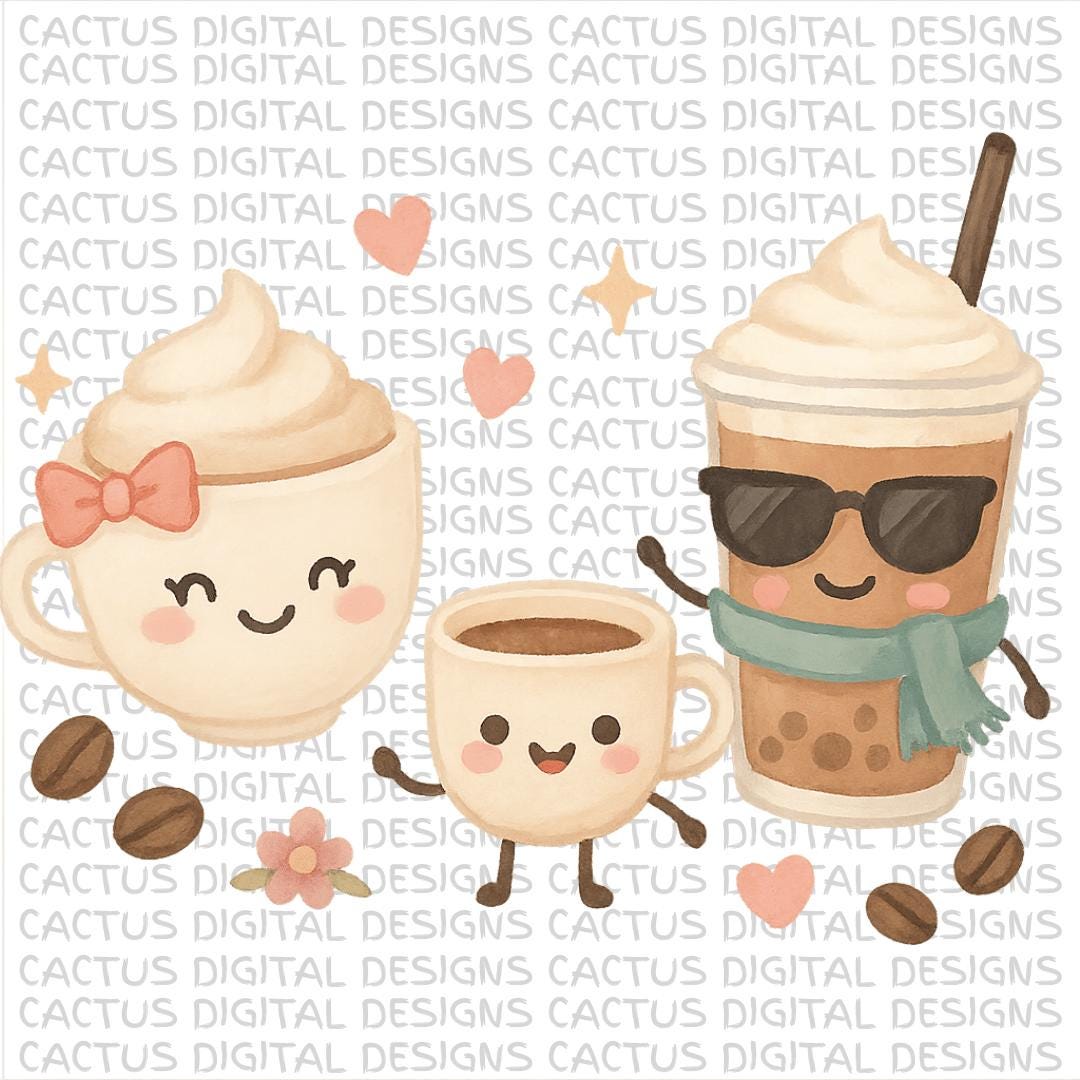 Cute Coffee PNG Trio With Whipped Toppings, Kawaii Faces, and Bubble ...
