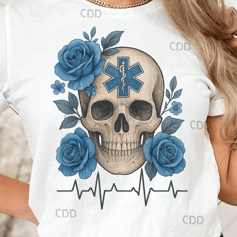 EMT Paramedic Skull Art, Blue Rose Medical Symbol Design, Gothic First ...