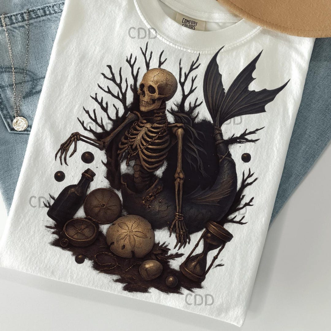 Dark Mermaid Skeleton Art, Gothic Ocean Fantasy Illustration, Skeleton ...