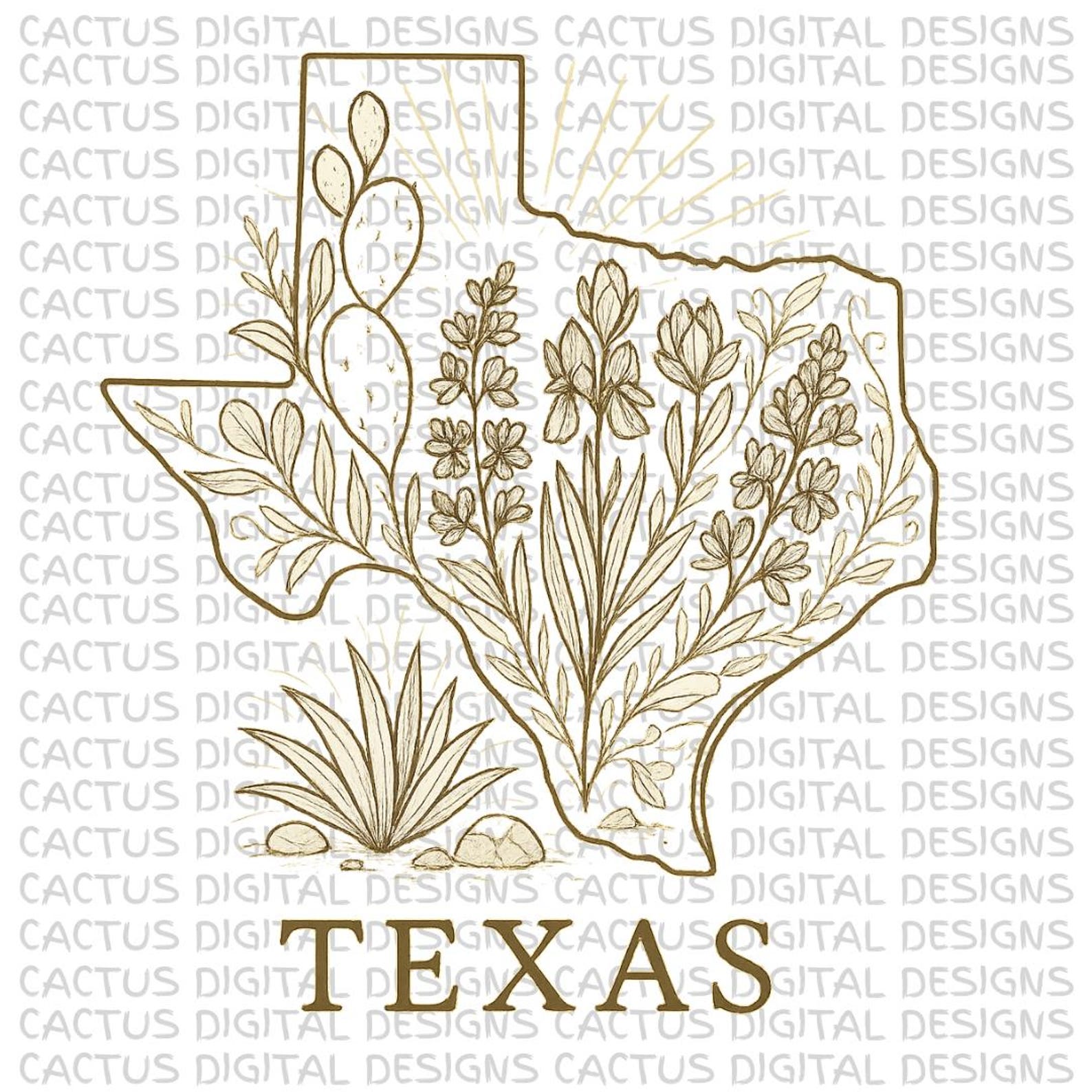 Texas State PNG, Botanical Line Art Clipart, Bluebonnet and Cactus ...
