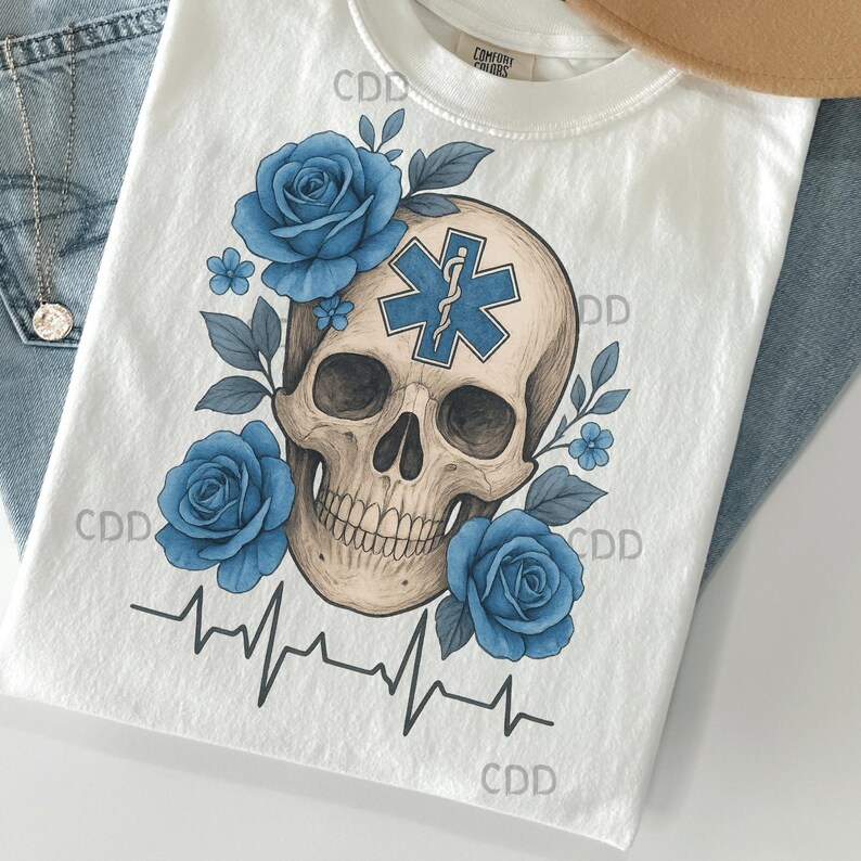 EMT Paramedic Skull Art, Blue Rose Medical Symbol Design, Gothic First ...