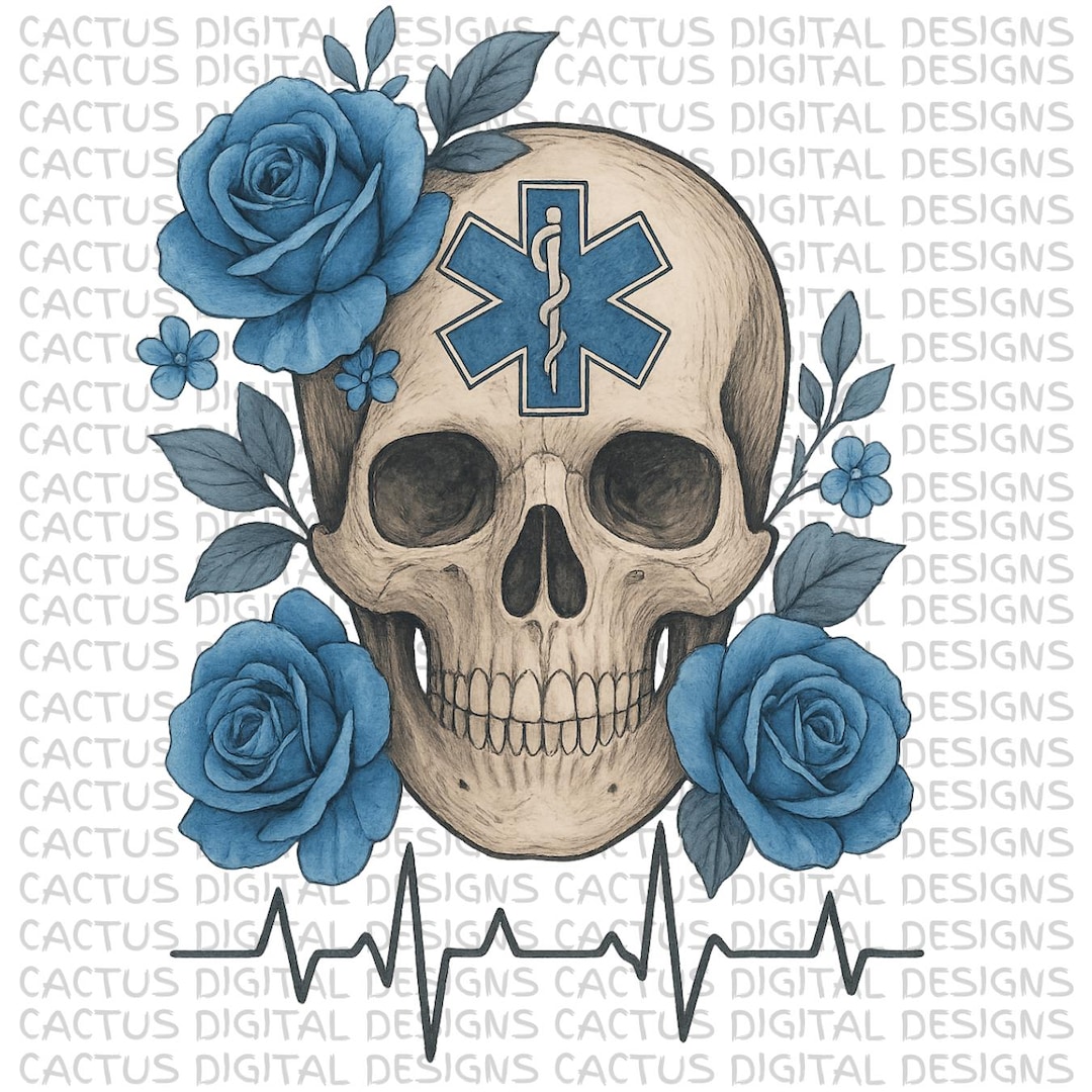 EMT Paramedic Skull Art, Blue Rose Medical Symbol Design, Gothic First ...