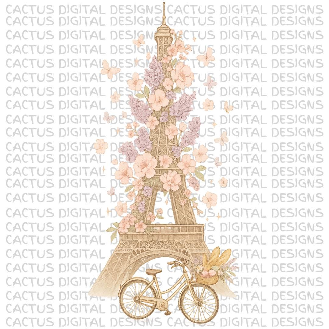 Eiffel Tower Floral PNG With Paris Bike and Baguettes – Romantic French ...