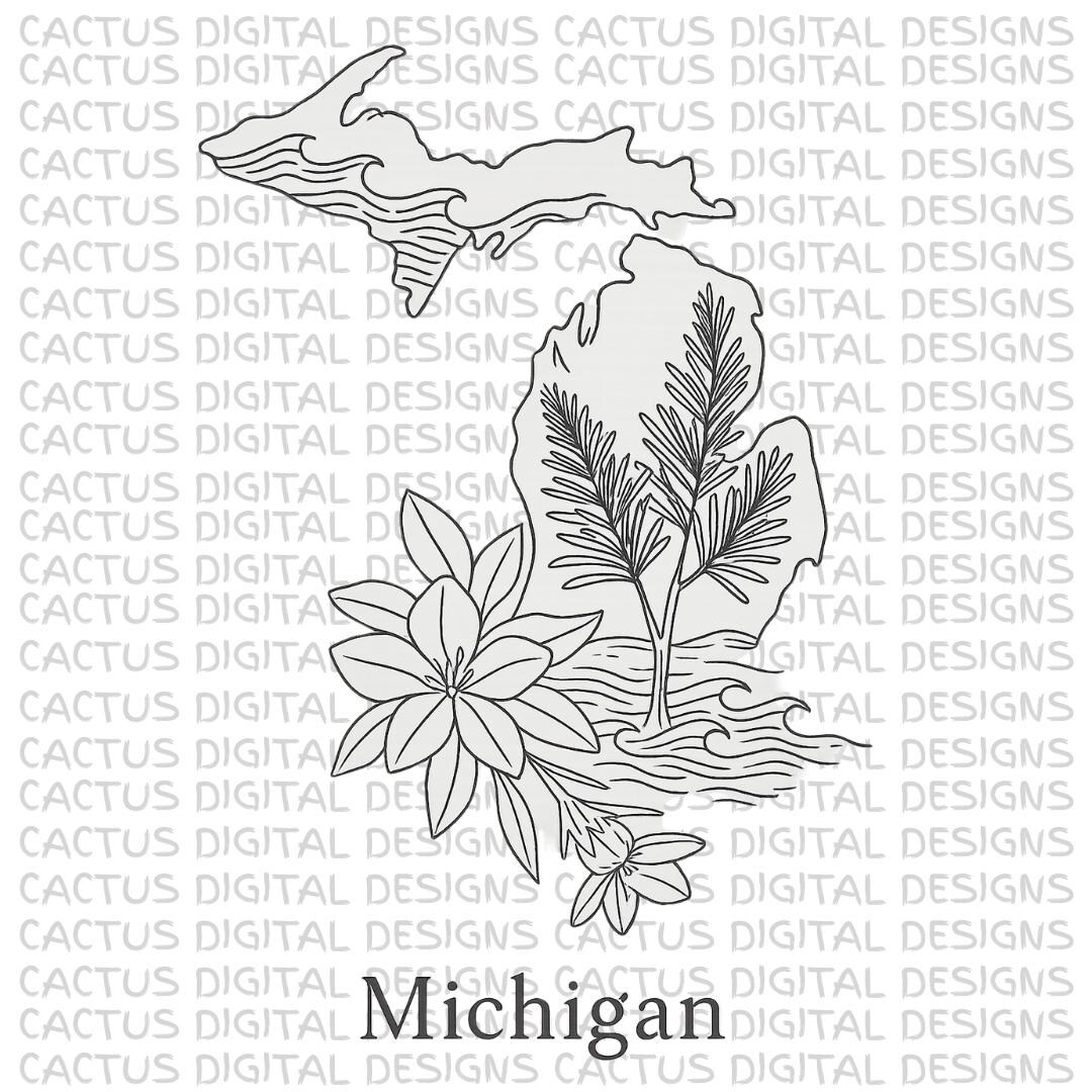 Michigan State PNG, Line Art Floral Clipart, Pine Tree and Lily Outline ...