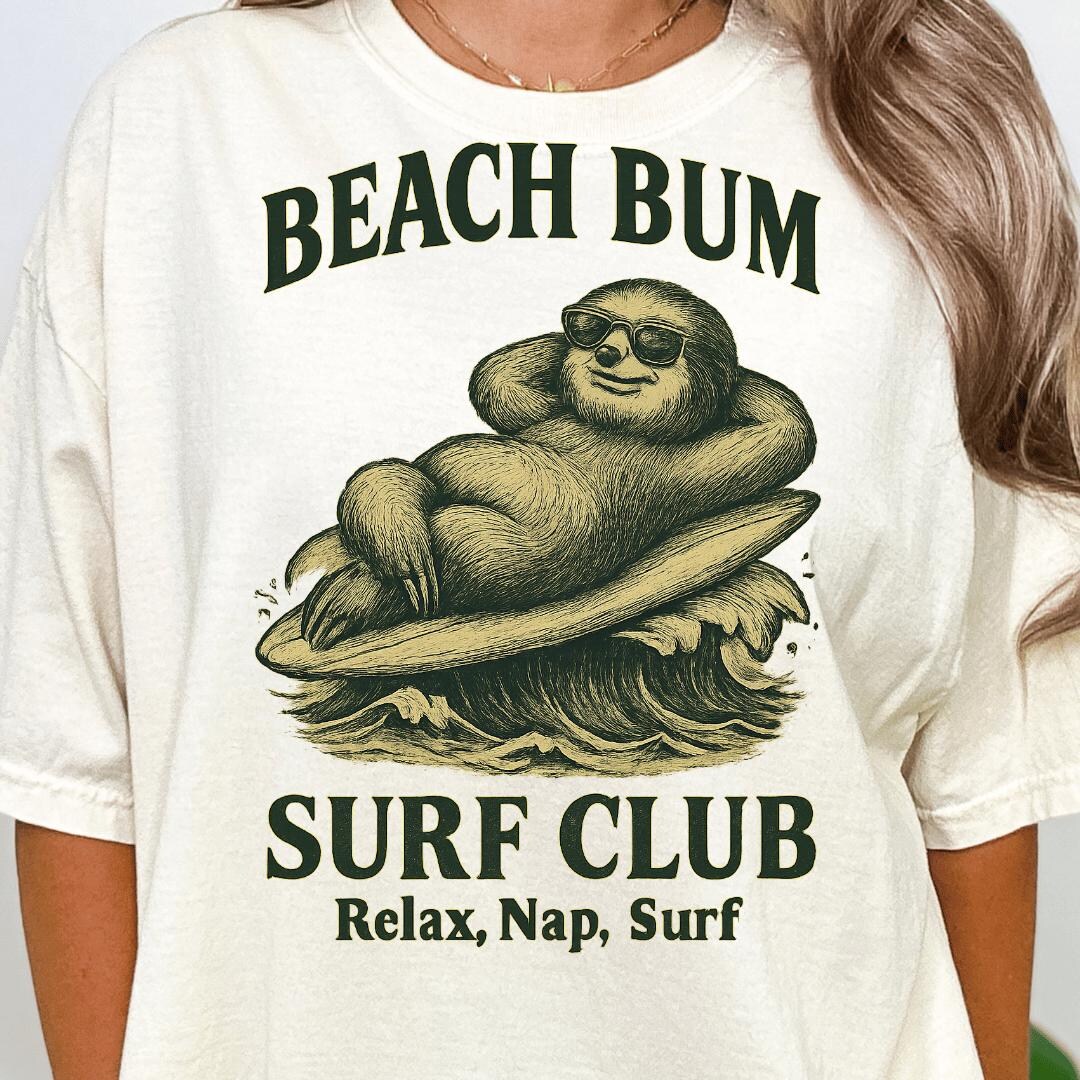Beach Bum Surf Club PNG – Sloth on Surfboard Design, Funny Retro Beach ...