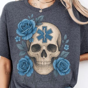 EMT Paramedic Skull Art, Blue Rose Medical Symbol Design, Gothic First ...