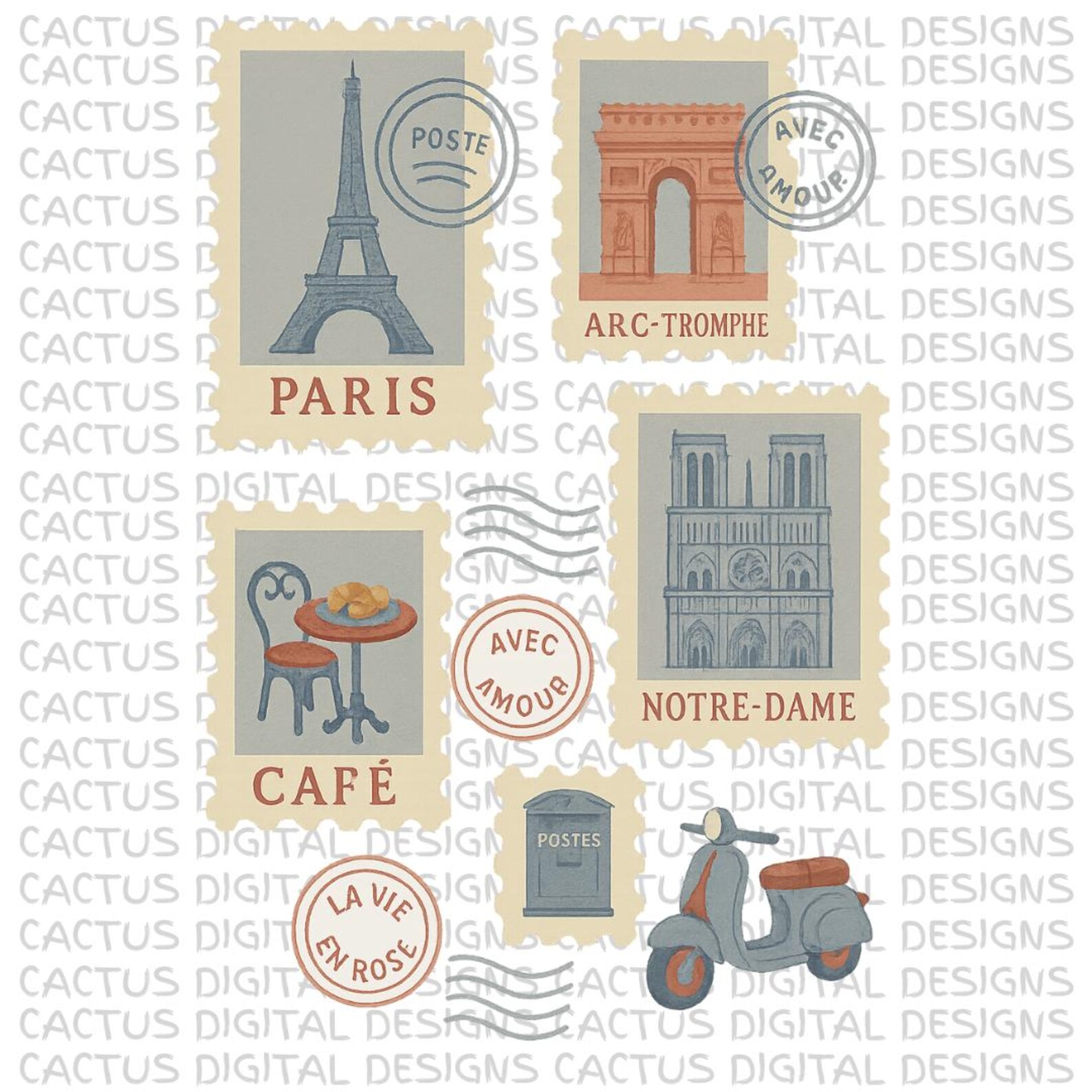 Paris France Postage Stamp PNG – Eiffel Tower, Arc De Triomphe, Notre ...