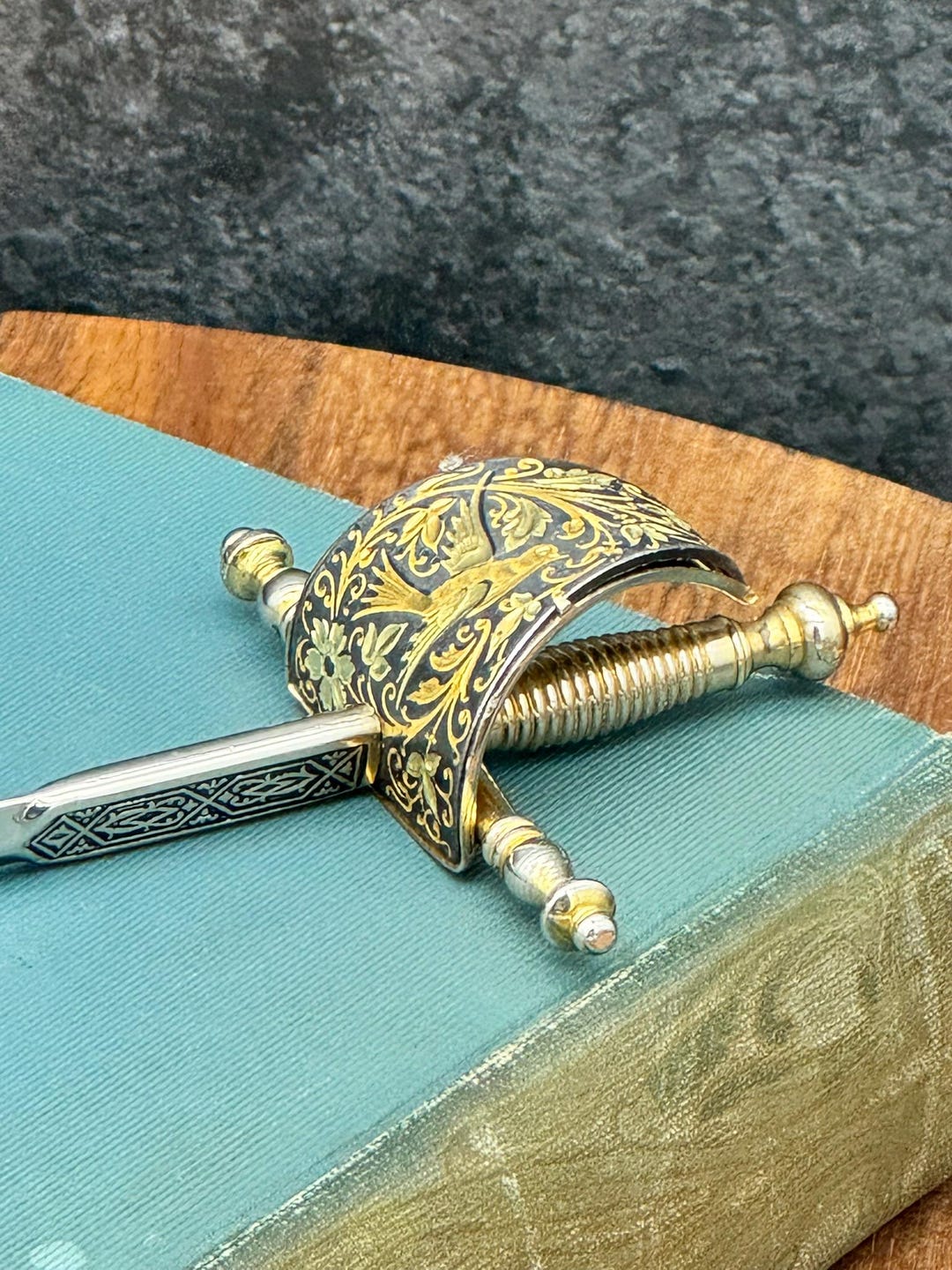 Vintage Toledo Spain Letter Opener Sword Damascene Gold Inlay Mini ...