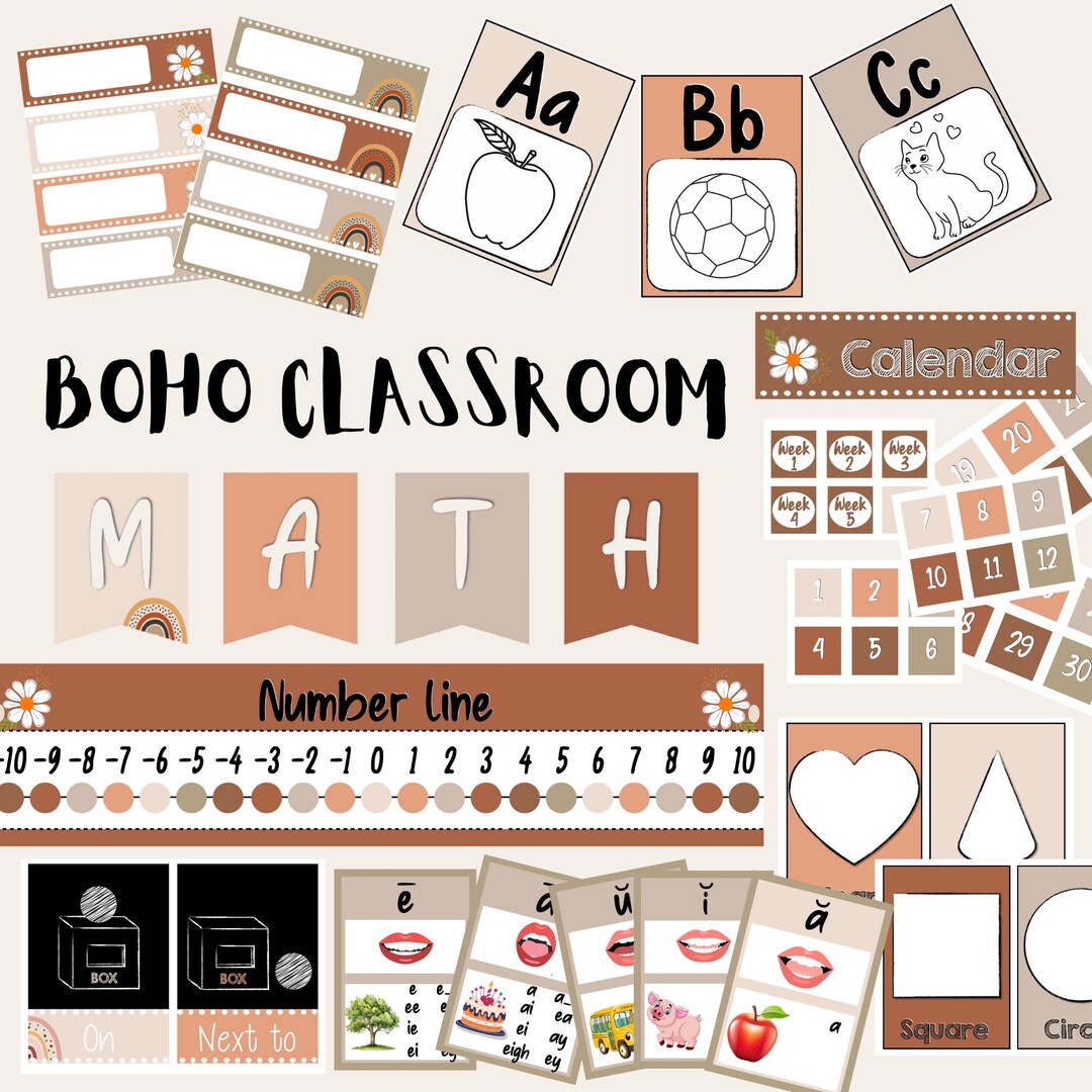 Boho Classroom Decor Bundle | Printable Alphabet, Name Tags, Calendar ...