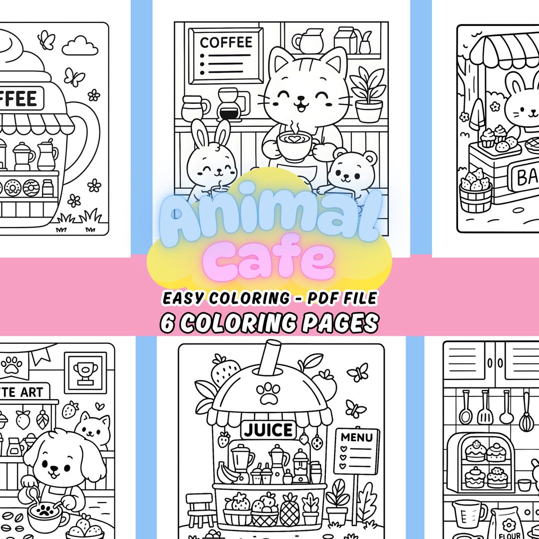 Easy Printable Coloring Pages Digital Download, Bold Easy Animal Cafe ...