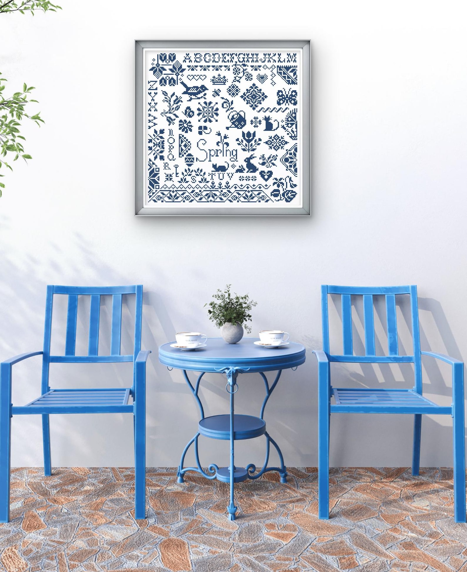 Quaker Spring Cross Stitch Pattern, Monochromatic Nature Sampler (PDF ...