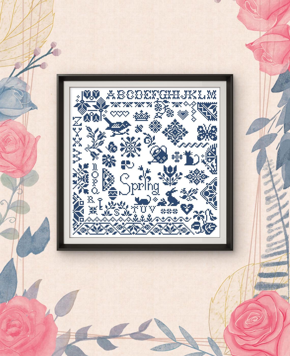 Quaker Spring Cross Stitch Pattern, Monochromatic Nature Sampler (PDF ...