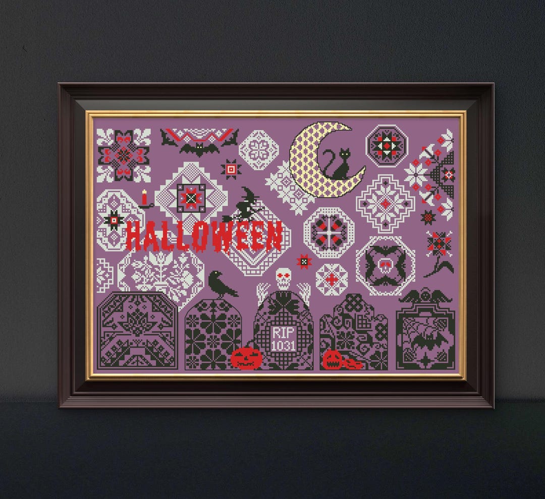 Quaker Halloween Cross Stitch Pattern, Spooky Horror Sampler (PDF ...