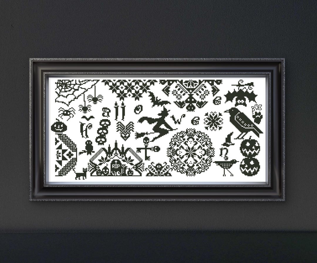 Quaker Halloween Cross Stitch Pattern, Monochrome Spooky Sampler (PDF ...