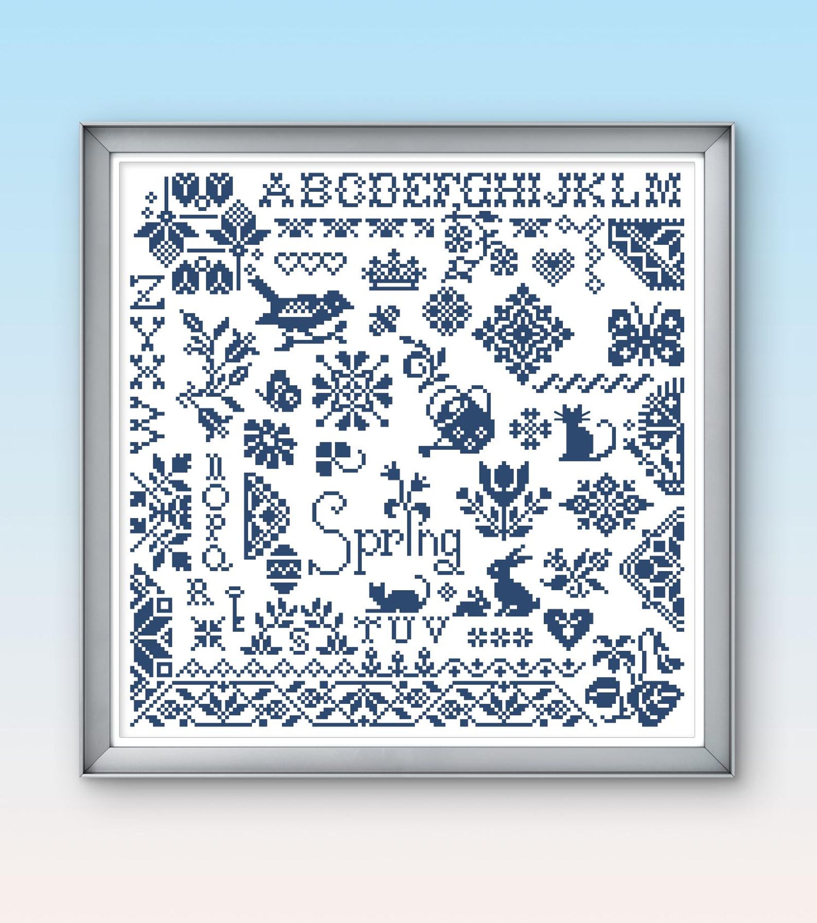 Quaker Spring Cross Stitch Pattern, Monochromatic Nature Sampler (PDF ...