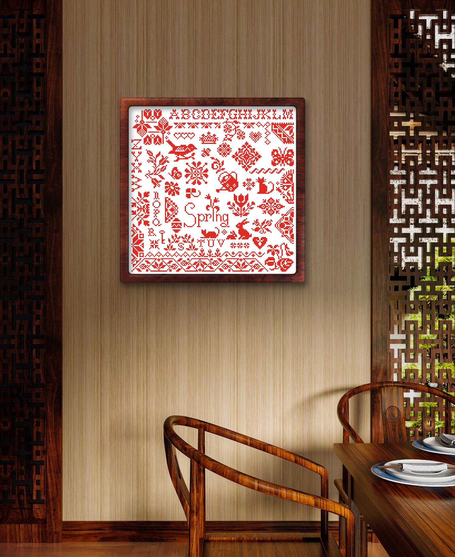 Quaker Spring Cross Stitch Pattern, Monochromatic Nature Sampler (PDF ...