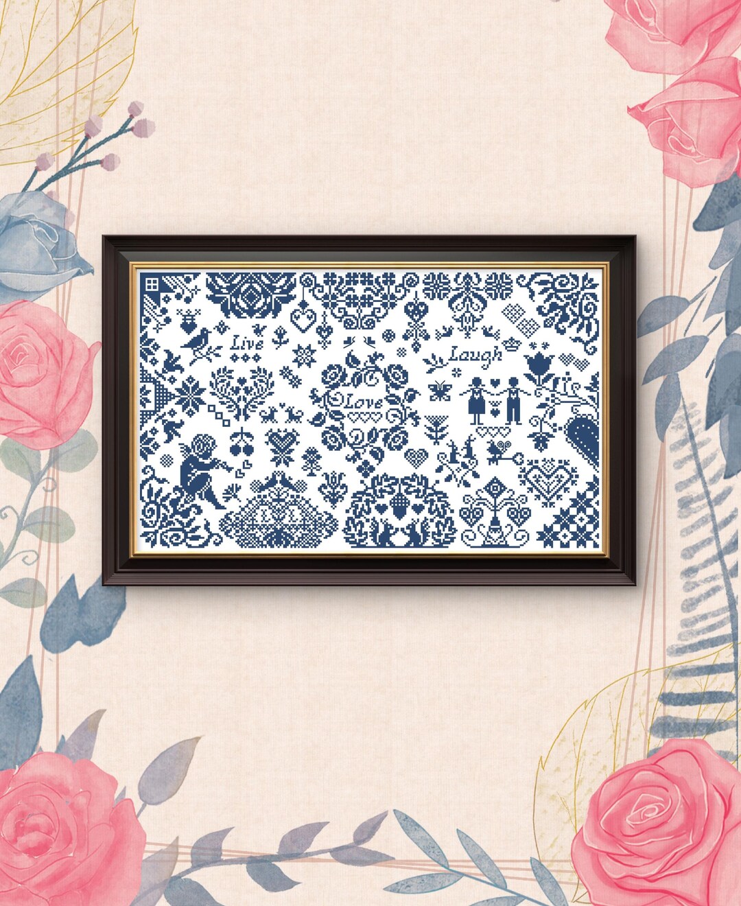 Quaker Valentine Cross Stitch Pattern, Love Sampler, Monochrome ...