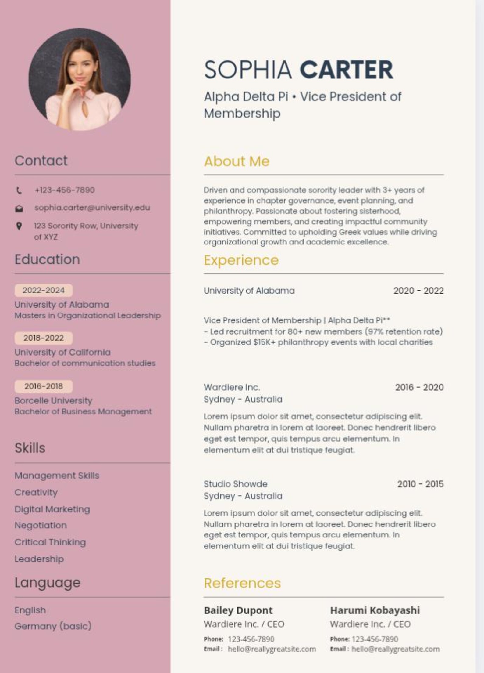 Editable Sorority Resume Template - Rush Resume & CV Template - Pink ...