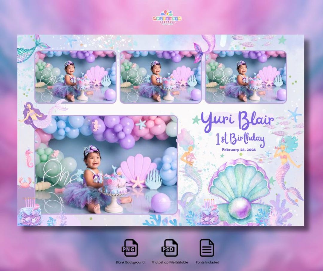 Mermaid Party Photobooth Template PSD | Under the Sea Mermaid Photo ...