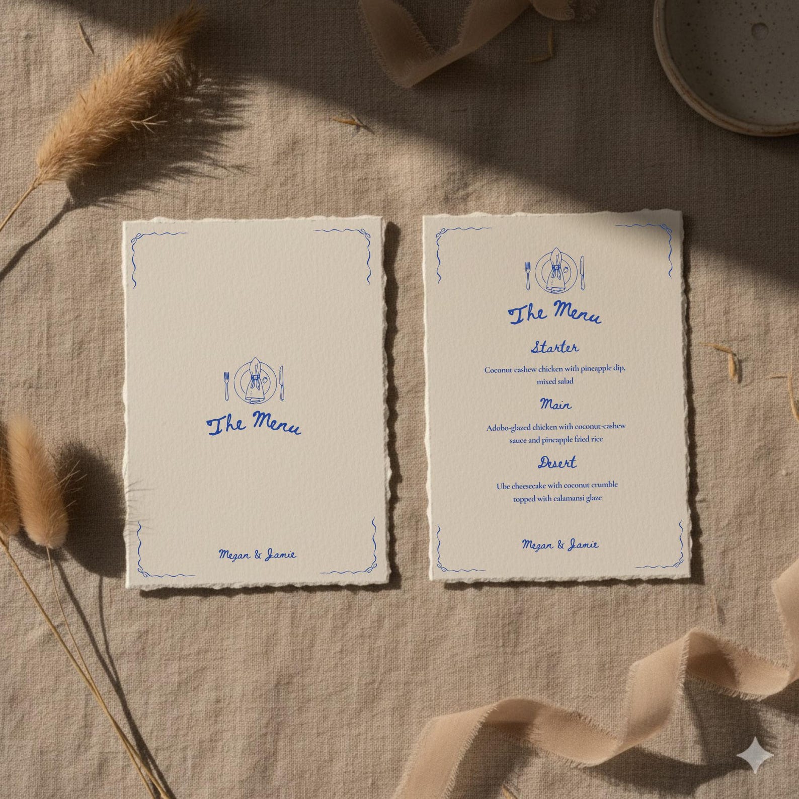Whimsical Hand-drawn Wedding Menu Template: Blue Dinner Party Menu ...