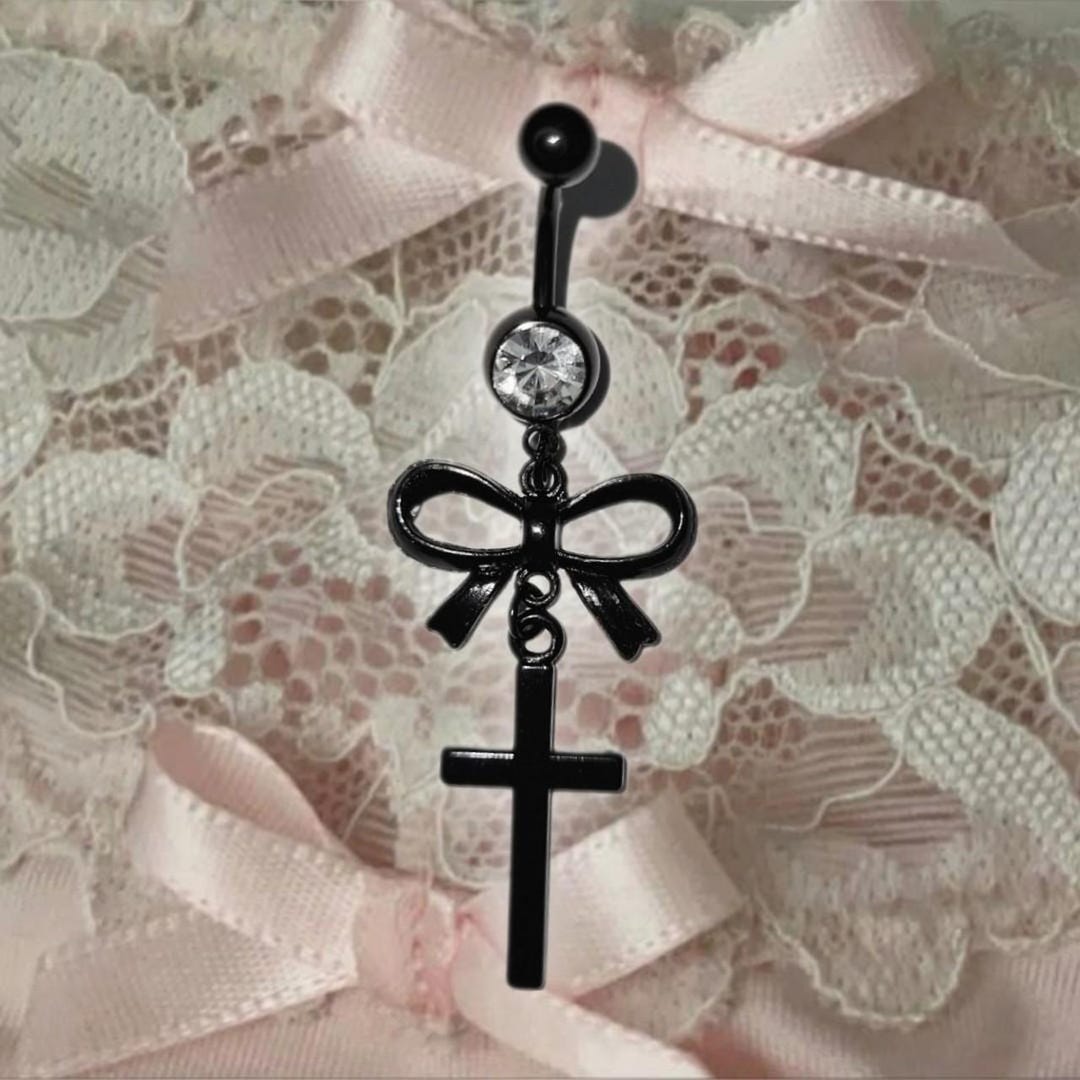 Black Gothic Bow & Cross Belly Bar - Etsy