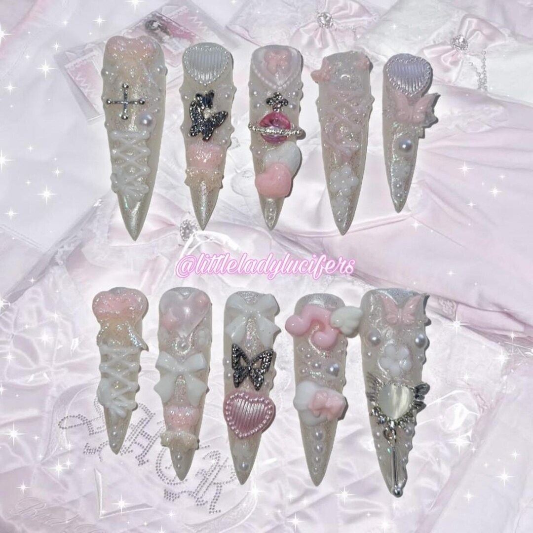 White 3D Junk Charm Mcbling Press on Gel Nails - Etsy